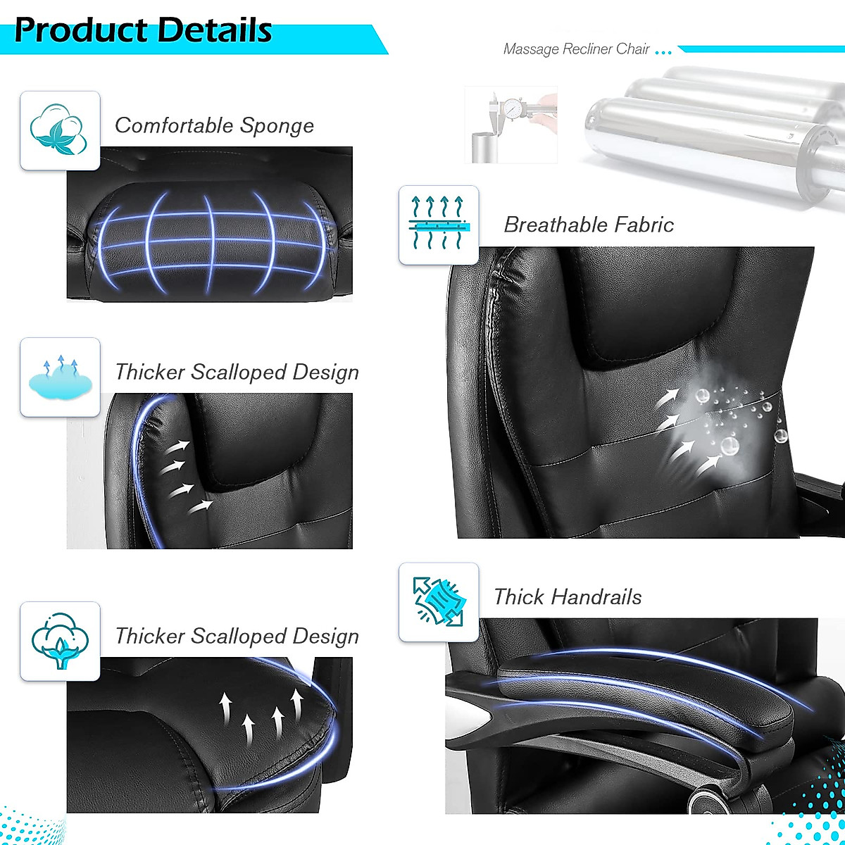 Ergonomic Reclining Office Chair, Heat & Massage High Back Desk Chair w/Adjustable Height, Executive Swivel Leather for Office, Home, Study, Black (13058UBK)