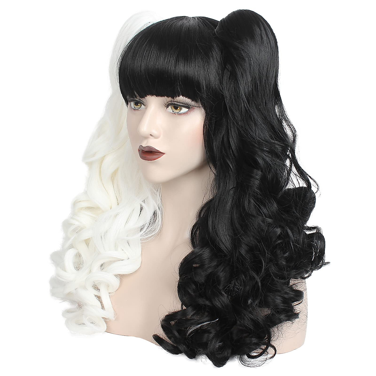WeKen Long Curly Cosplay Wig with Pigtails Lolita Detachable Ponytail Wig for Women Girls Halloween Costume Party (Black and White)