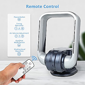 InfiniPower Wall Mounted Fan Bladeless with Remote Controller, 2-in-1 No Leaf Heater & Fan Combo with Rotatable Head, 9-Hour Timing, 3 Gear Normal & Heating Airflow Adjustable, Grey, 15.7 "