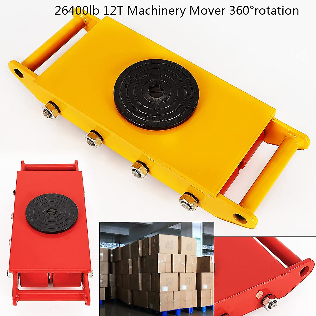 CNCEST 12T Industrial Machinery Mover, 4 PCS Carbon Steel Machinery Moving Skate with 8 PU Rollers and 360° Rotation Non-Slip Cap, Machinery Skate Dolly for Warehouse Factory, Yellow