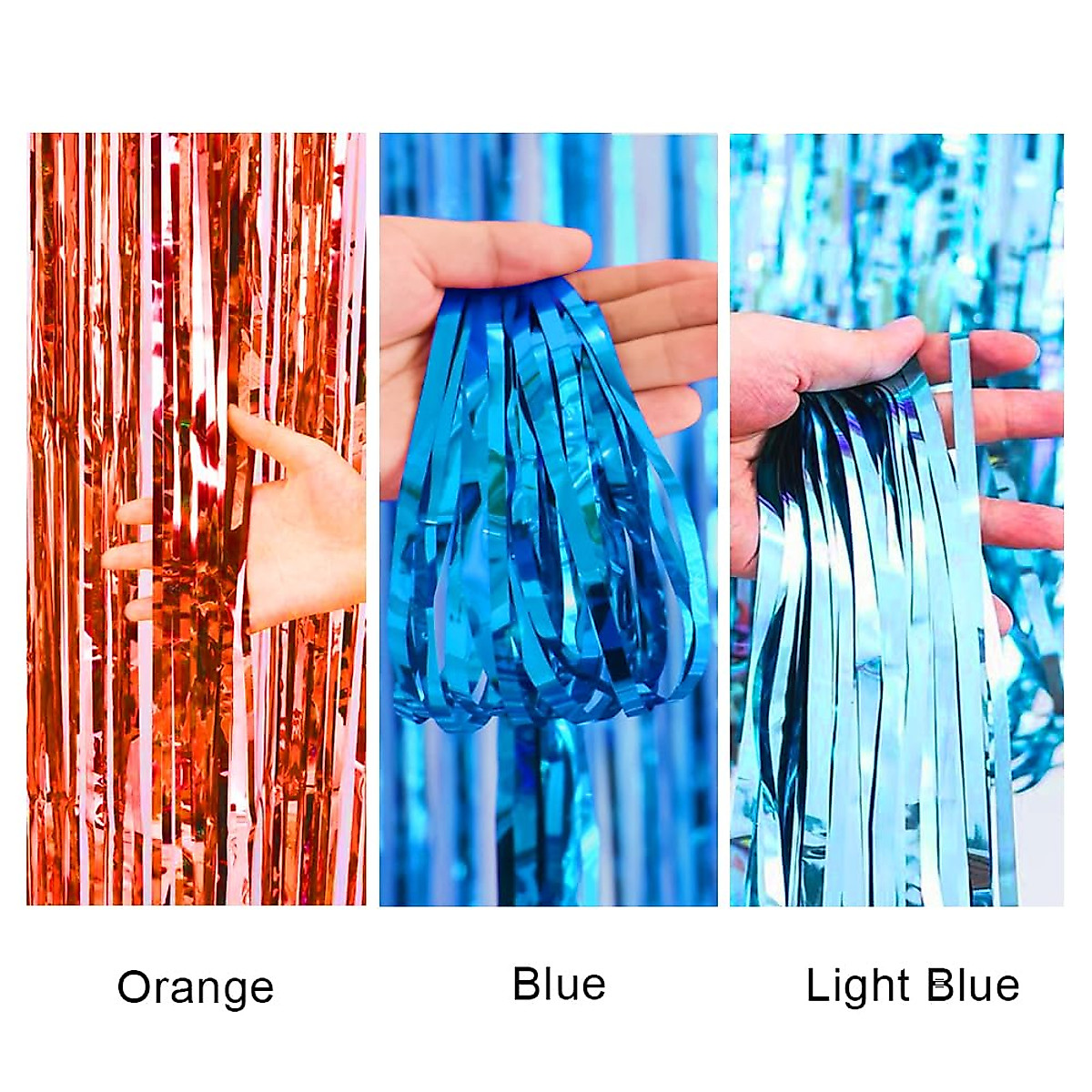 Blue and Orange Foil Fringe Curtains, Blue Orange Dog Birthday Party Supplies Blue Orange and Light Blue Streamer Backdrop Tinsel Photo Booth Prop for Blue Orange Dog Party Decoration (3Pack)