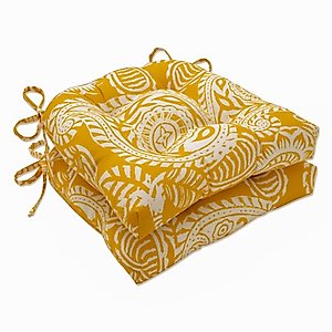 Pillow Perfect Paisley Indoor/Outdoor Chairpad with Ties, Reversible, Tufted, Weather, and Fade Resistant, 15.5" x 16", Yellow/Ivory Addie, 2 Count