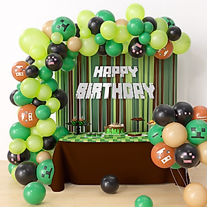 HYOWCHI Miner Crafting Birthday Party Supplies - 115 Pcs Miner Crafting Balloon Garland Arch Kit, Green Brown Balloon Arch Decorations For Video Game Theme Miner Crafting Party Decorations Backdrop