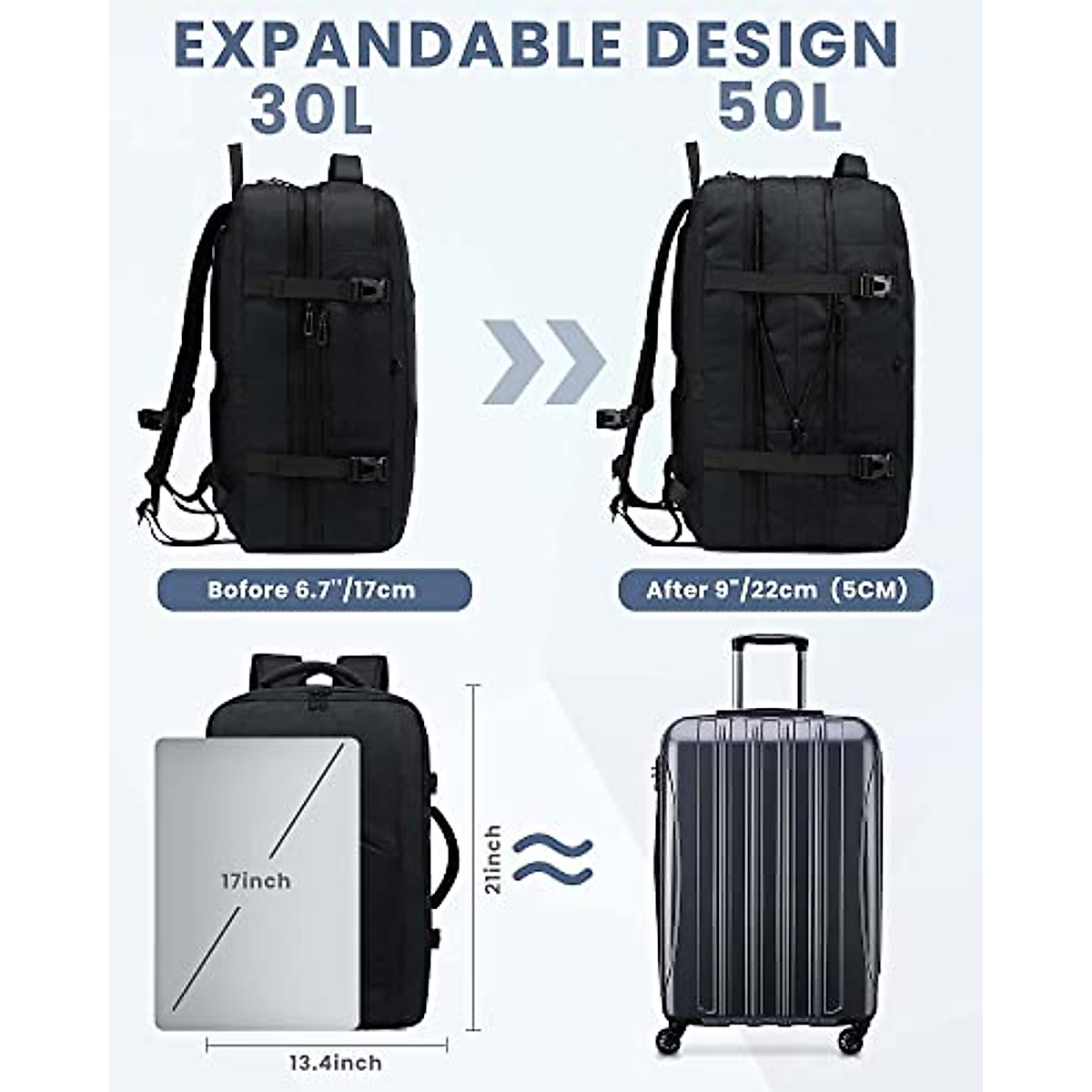 LOVEVOOK Carry on Backpack, Extra Large 35-50L Expandable Travel Backpack Airline Approved, Anti-Theft Waterproof Backpack for Travel, 18 Inch Laptop Backpack with USB Port for Men & Women