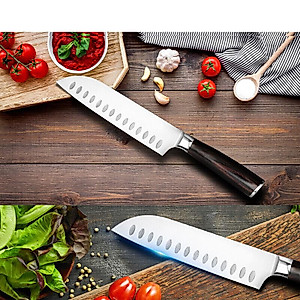 SOAMOEU 7-inch Santoku Knife, Made of German High-Carbon Stainless Steel with Mahogany Handle, Used for Chopping, Dicing and Slicing Vegetables, Fruits, Fish, Meat