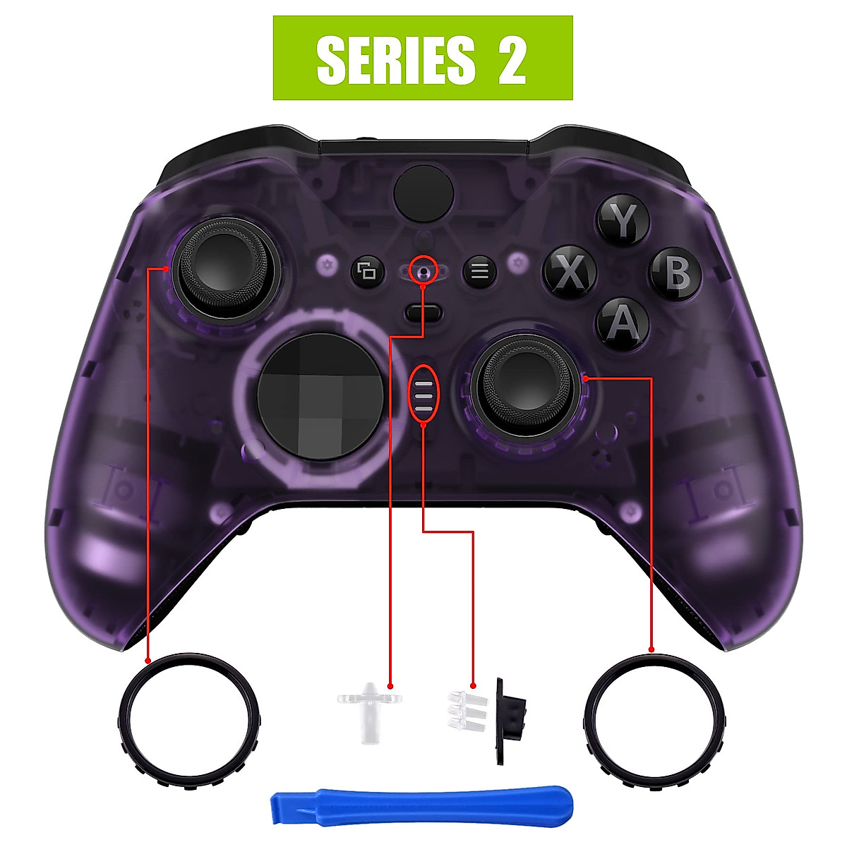 eXtremeRate Clear Atomic Purple Replacement Faceplate Cover for Xbox One Elite Controller Series 2 (Model 1797), Custom Front Housing Shell Case & Accent Rings for Xbox Elite Series 2 Core Controller