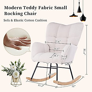 NIOIIKIT Nursery Rocking Chair Teddy Upholstered Glider Rocker Rocking Accent Chair Padded Seat with High Backrest Armchair Comfy Side Chair for Living Room Bedroom Offices (Ivory Teddy)