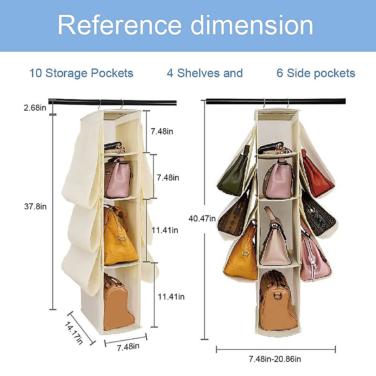DYYGIRL Hanging Purse Organizer Wardrobe Closet Organizer 10 Pockets Hanging Closet Storage Bag Nonwoven for Wardrobe Accessories Storage Bag(Beige)