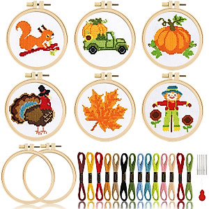 ZOIIWA 6PCS Fall Cross Stitch Kits for Beginners Autumn DIY Embroidery Kit for Kids Adults Fall Thanksgiving Gift Turkey Pumpkin Maple Leaf Truck Squirrel Scarecrow Craft Needlepoint Starter Supplies