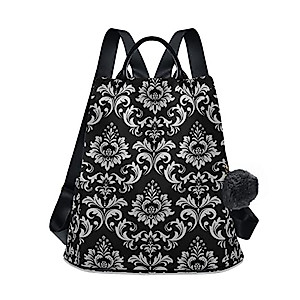 Dark Grey Baroque, Retro Damask Floral Pattern on Black Women Daypacks Ladies Backpack Purse Casual Shoulder Bag Knapsack College Schoolbag Sitting Rucksack Students Bookbag