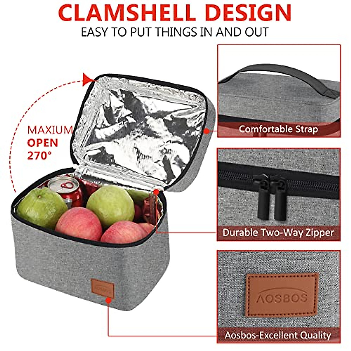 Aosbos Insulated Lunch Box for Men Women, Reusable Lunch Tote Bag Soft Lunch Cooler Bags Adult Thermal Lunch Boxes Lunch Pail Meal Prep Container with Back Pocket for Work Office Outdoor, Gray