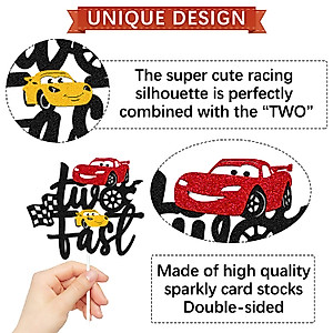 Two Fast Cake Topper Race Car 2nd Cake Decoration for Racing Car Checkered Flag Themed Kids Boy Girl 2 Years Old Happy 2s Birthday Party Supplies Double Sided
