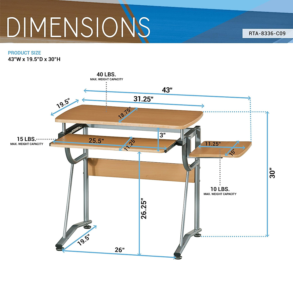 Techni Mobili Compact Computer Desk With Side Shelf And Keyboard Panel, Cherry, 43" x 19.5" x 30"