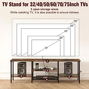 Entrintou TV Stand with Power Outlet for 55/65/70/75 inch TVs, TV Console Table with Open Storage Shelves, 3-Tier Industrial Entertainment Center, Wood TV Stand for Living Room, Bedroom, Brown Black