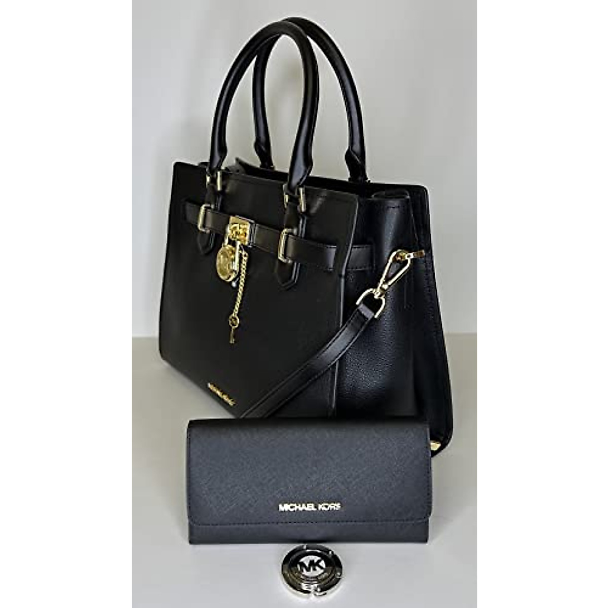 MICHAEL Michael Kors Hamilton MD Satchel bundled with Trifold Wallet and Purse Hook (Black)