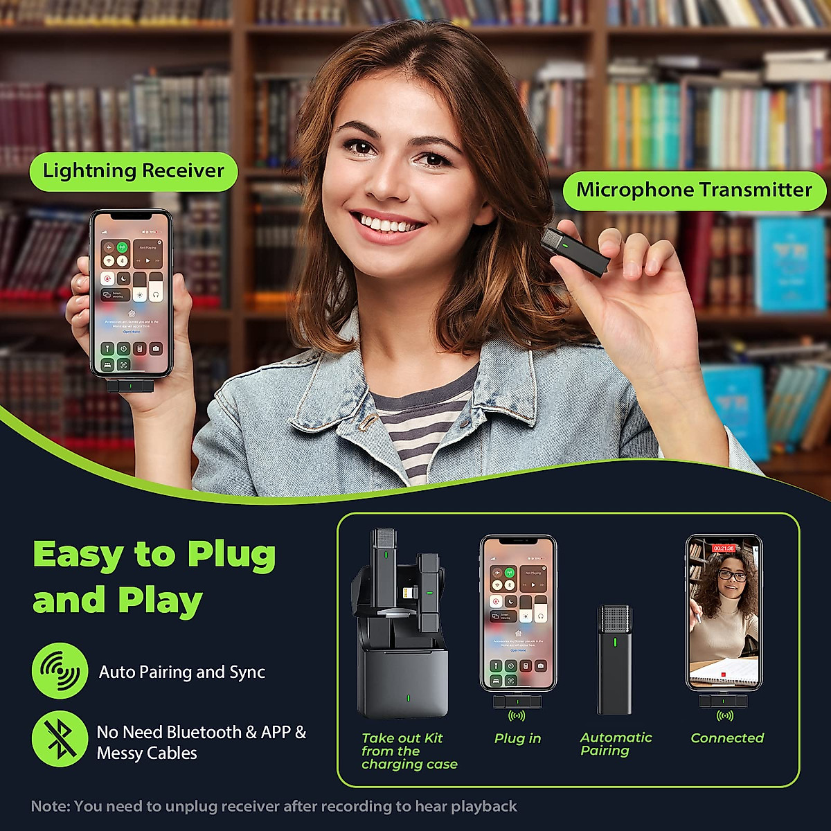 BILIYIP Wireless Lapel Microphone, 2.4GHz Plug-Play, Compatible with iPhone, iPad, 48H Charging Case, Noise Reduction, Auto Syncs