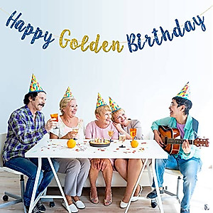Talorine Happy Golden Birthday Banner, Happy Birthday Party Decor, 21st, 25th, 30th, 40th 50th 60th Birthday Party Decorations (Blue & Gold Glitter)