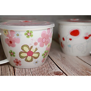 Microwavable Ceramic Noodle Bowl with Handle and Seal Fine Porcelain Floral Design (CherryBlossom)