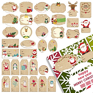 Whaline 136Pcs Christmas Kraft Gift Stickers 34 Styles Christmas Tree Santa Snowman Name Tags Stickers Self-Adhesive Xmas Cartoon Gift Label Sticker for Christmas Holiday Present Gift Box Decor