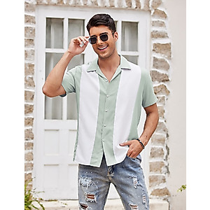 COOFANDY Vintage Mens Bowling Shirts Button Up Vacation Shirts Loose Fit Short Sleeve Shirts Green White