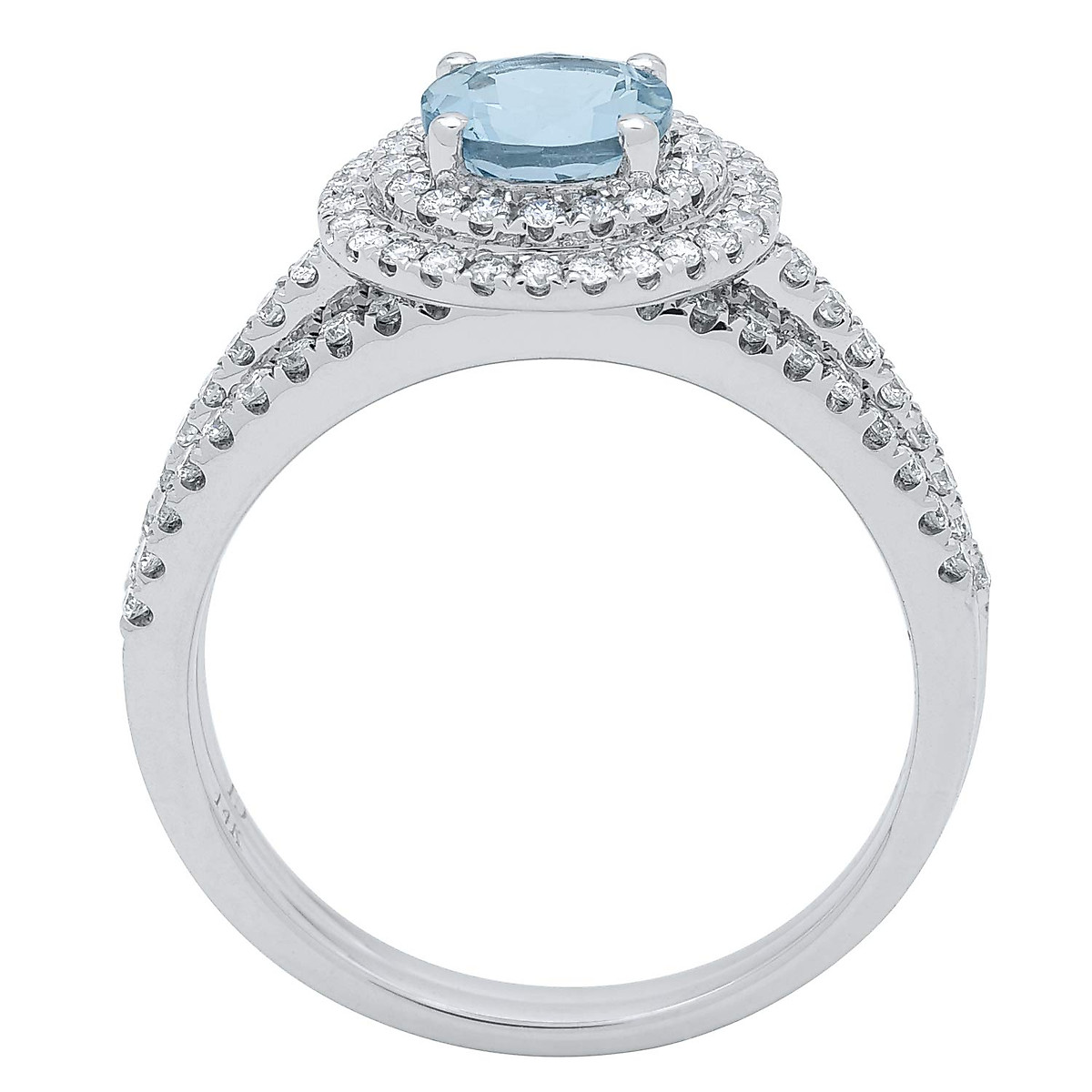 Gin & Grace 14K White Gold Blue Natural Diamond & Genuine Aquamarine Halo Style Engagement Propose Promise Ring for Women