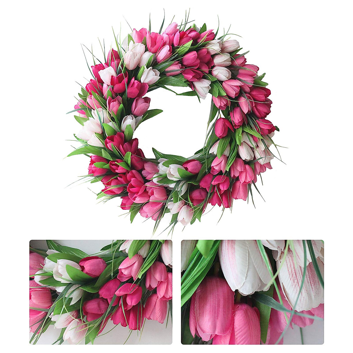 WDDH Artificial Tulip Wreath, 12inch Round Front Door Tulip Wreath with Rattan Base, Spring Tulip Floral Wreath for Wedding Arch Home Garden Decor