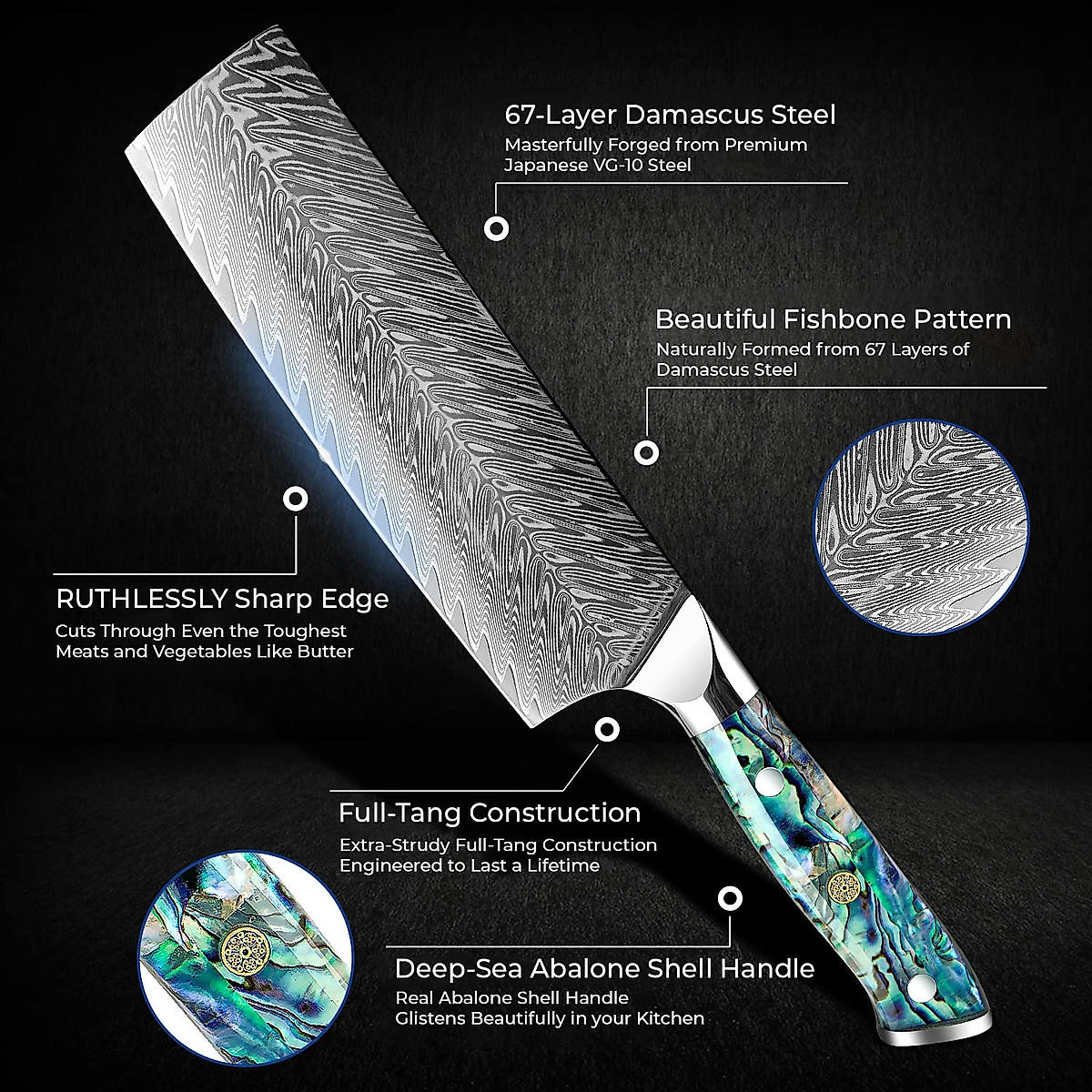 SENKEN Damascus Steel Cleaver Knife - Umi Collection - 67-Layer Japanese VG10 Steel Nakiri, Real Deep-Sea Abalone Shell Handle, Ruthlessly Sharp Blade for Effortless Cutting (Damascus Cleaver Knife)