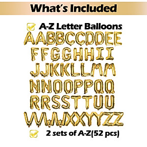 [52 PCS] 16" Foil Gold Letter Balloons 2 Sets of A-Z, Mylar Aluminum Hanging Alphabet for Graduation New Year eve Birthday Party Decorations