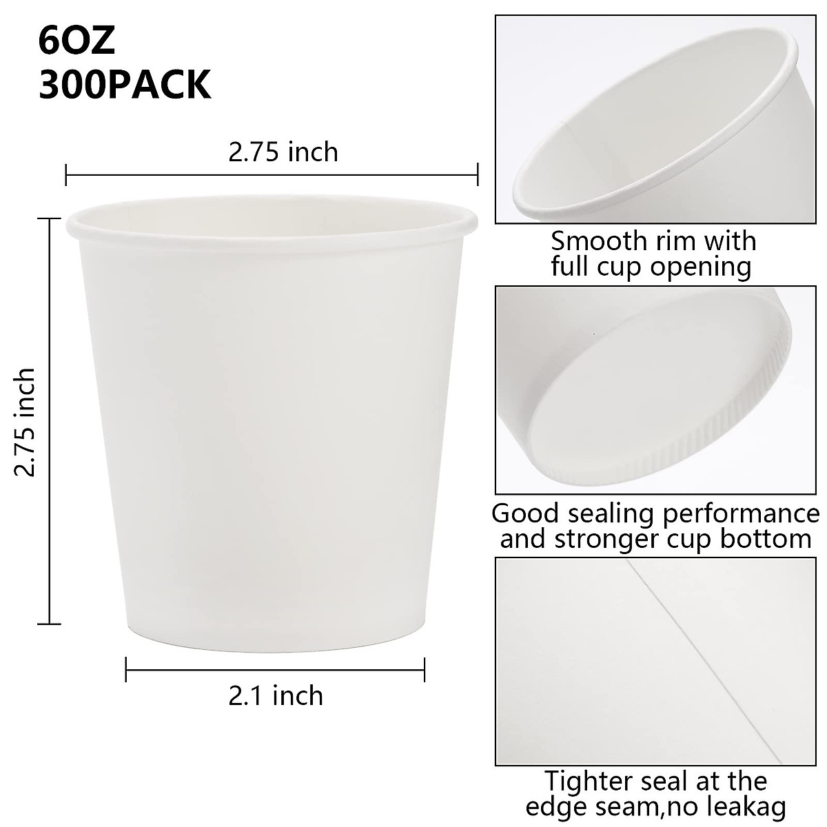 Tebery 300 Pack White Paper Coffee Cups 6oz Disposable Paper Cup for Water, Juice, Coffee or Tea
