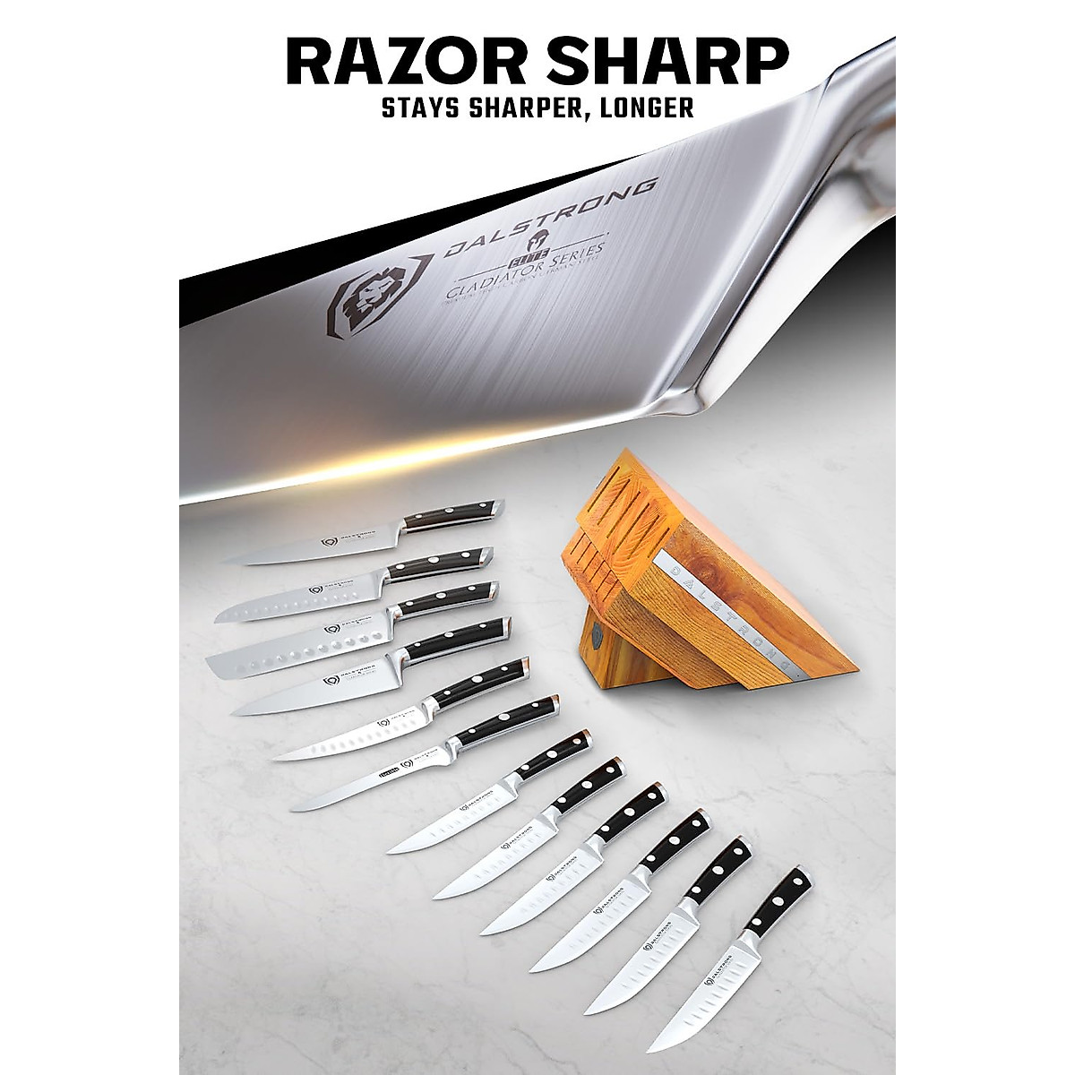 Dalstrong 12-Piece Knife Block Set - Gladiator Series Elite - Black Handles - German HC Steel - Hand-Made Manchurian Ash Wood Block - NSF Certified