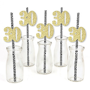 Gold Glitter 30 Party Straws - No-Mess Real Gold Glitter Cut-Out Numbers & Decorative 30th Birthday Party Paper Straws - Set of 24