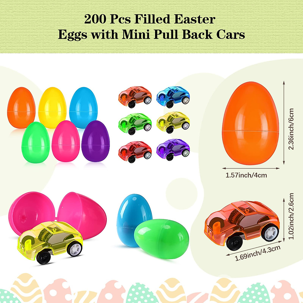 200 Pcs Filled Easter Eggs with Mini Pull Back Cars Include 100 Pcs Mini Pull Back Cars and 100 Pcs Colorful Easter Egg Cars Toy Vehicles for Easter Basket Stuffers Easter Eggs Hunt and Party Favors