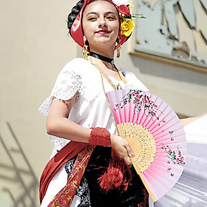 Zonon 4 Pack Handheld Floral Folding Fans Hand Held Fans Silk Bamboo Fans with Tassel Women Hollowed Hand Foldable Fan with Fabric Sleeve for Dancing Wedding Decoration Gifts(Classic)