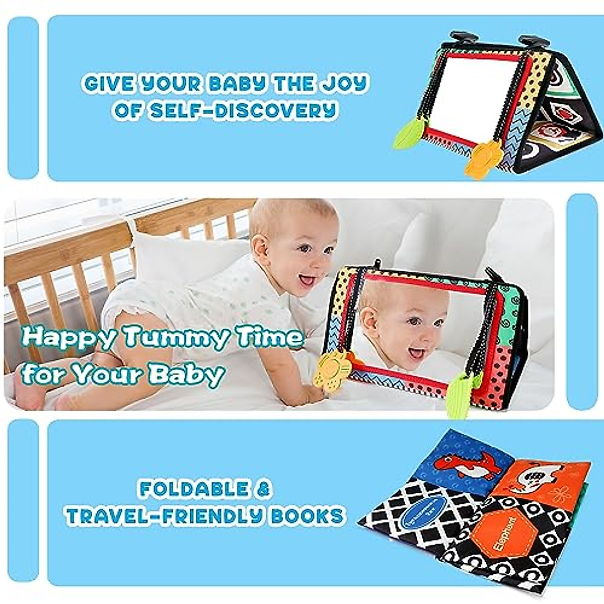 Baby Toys Tummy Time Mirror: Infant Black White high Contrast Sensory Toy with Crinkle Book 0 3 6 9 12 18 Month Old Newborn Montessori Activity Babies Gifts for Boy Girl 0-6 6-12 Months