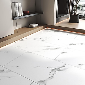 FunStick 12"x24" 15 Pcs White Peel and Stick Floor Tile Marble Vinyl Flooring for Bathroom Floor Tiles Peel and Stick Wall Tiles Waterproof Grey Stick on Flooring Sticky Tiles for Kitchen RV Flooring