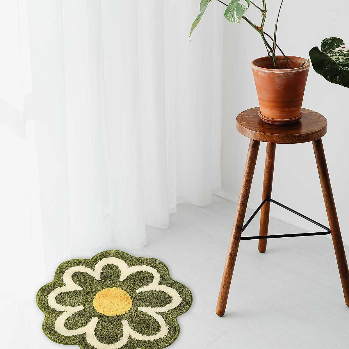 MSUIINT Flower Shaped Rug, Round Bedroom Bedside Blanket Carpet, Aesthetic Cute Flower Round Area Rug, Non Slip Circle Soft Fluffy Flower Rug Indoor Floor Mat(Green)