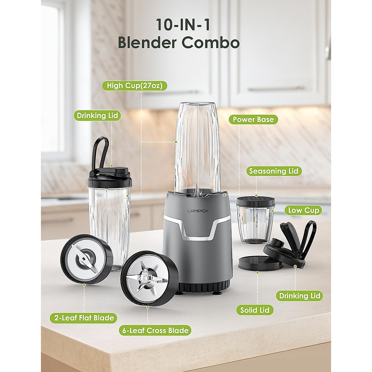 LAMPICK Smoothie Blender, 1100W Personal Blender for Shakes and Smoothies, Blenders and Grinder Combo for Kitchen with 2*27 Oz To-Go Cup & 10 Oz Grinding Cup for Protein Shake, Baby Food, Frozen Drink