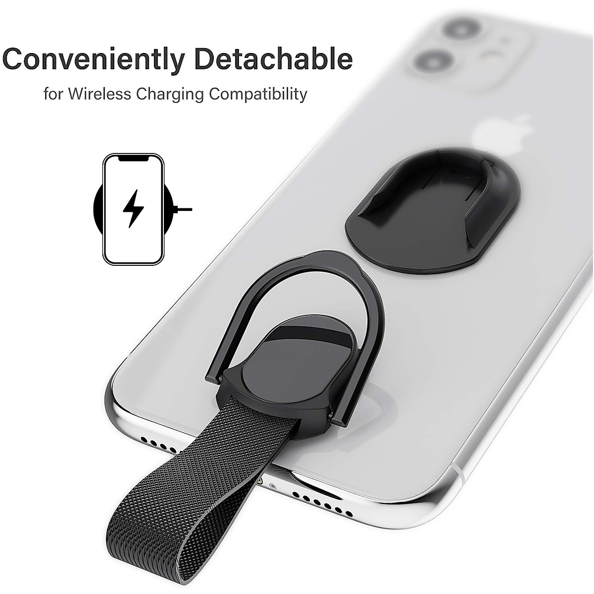 Ghostek LOOP Magnetic Phone Strap Holder for Hand with Kickstand Ergonomic Finger Grip Works with Car Mounts and Detachable for Wireless Charging Designed for iPhone, Galaxy, Pixel Case Covers (Black)