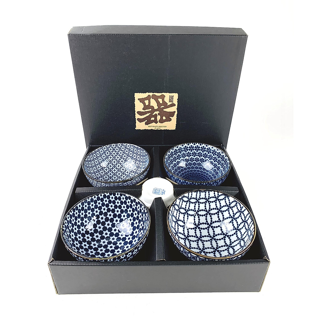 JapanBargain 4686, Japanese Porcelain Rice Bowls Gift Set, Traditional Japanese Inspired Pattern Miso Soup Bowls, Blue Color Salad, Set of 5, Made in Japan