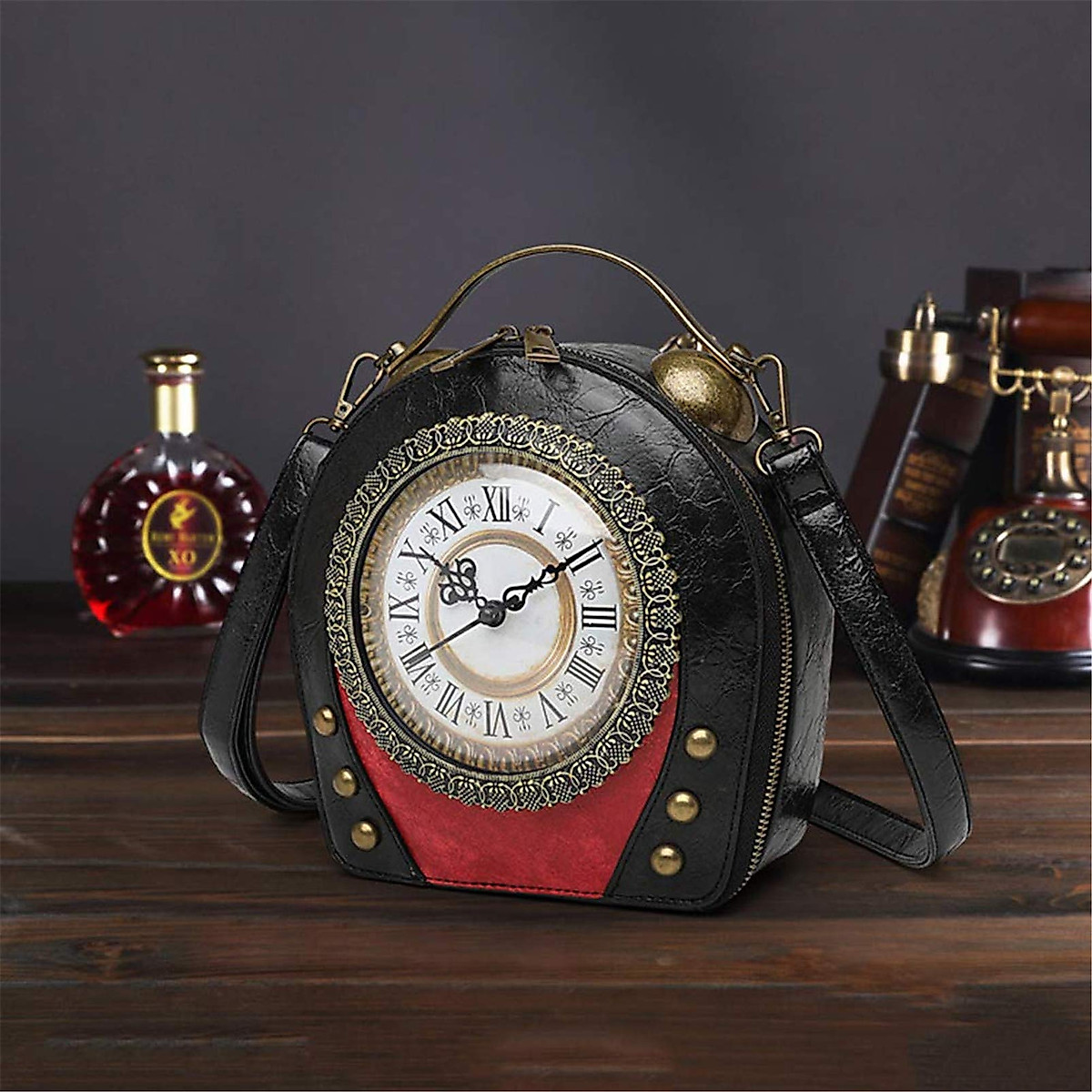 SteamPunk Handbags Women Real Working Clock Antique Shoulder Bag Pu Leather Retro Vintage Evening Cross Body Messenger Bag(Black)
