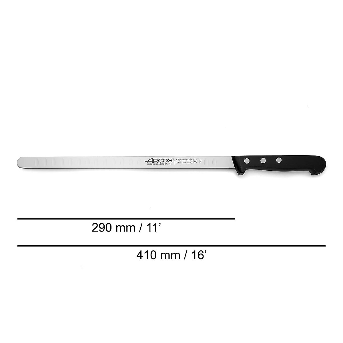 ARCOS Salmon Knife / Fish Knife 11 Inch Nitrum Stainless Steel and 290 mm blade. Ergonomic Polyoxymethylene POM Handle. Series Universal. Long, sturdy blade and serrated edge. Easily cuts. Color Black