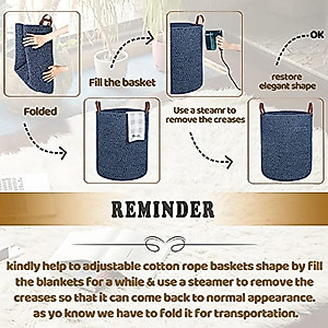 Caroeas XX-Large Cotton Rope Basket, 20'' x 16'' Rope Baskets with Leather Handles, 80L Woven Baby Laundry Blanket Basket, Woven Basket for Toys, Collapsible Rope Laundry Basket (Blue)