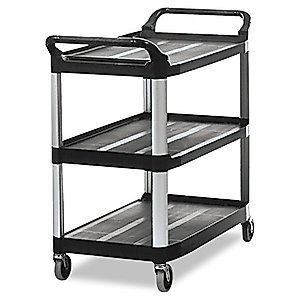 Rubbermaid Commercial Products Heavy Duty 3-Shelf Rolling Service/Utility/Push Cart, 200 lbs. Capacity, Black, for Foodservice/Restaurant/Cleaning/Workplace