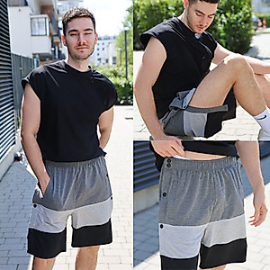 Deyeek Tear Away Shorts for Men Side Snap Cotton Color Block Shorts Post Surgery Recovery Break Away Pants with Pockets