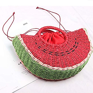 QTKJ Semi-circle Rattan Watermelon Straw Handbags, Hand-woven Summer Fruit Shape Beach Straw Bag with Round Handle for Women (Red Watermelon)