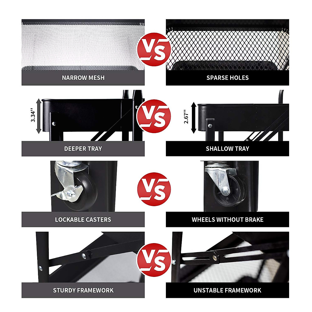 totolot 3-Tier Collapsible Rolling Utility Cart with Lockable Caster Wheels, Metal Storage Cart for Classroom, Office, Bathroom, Black