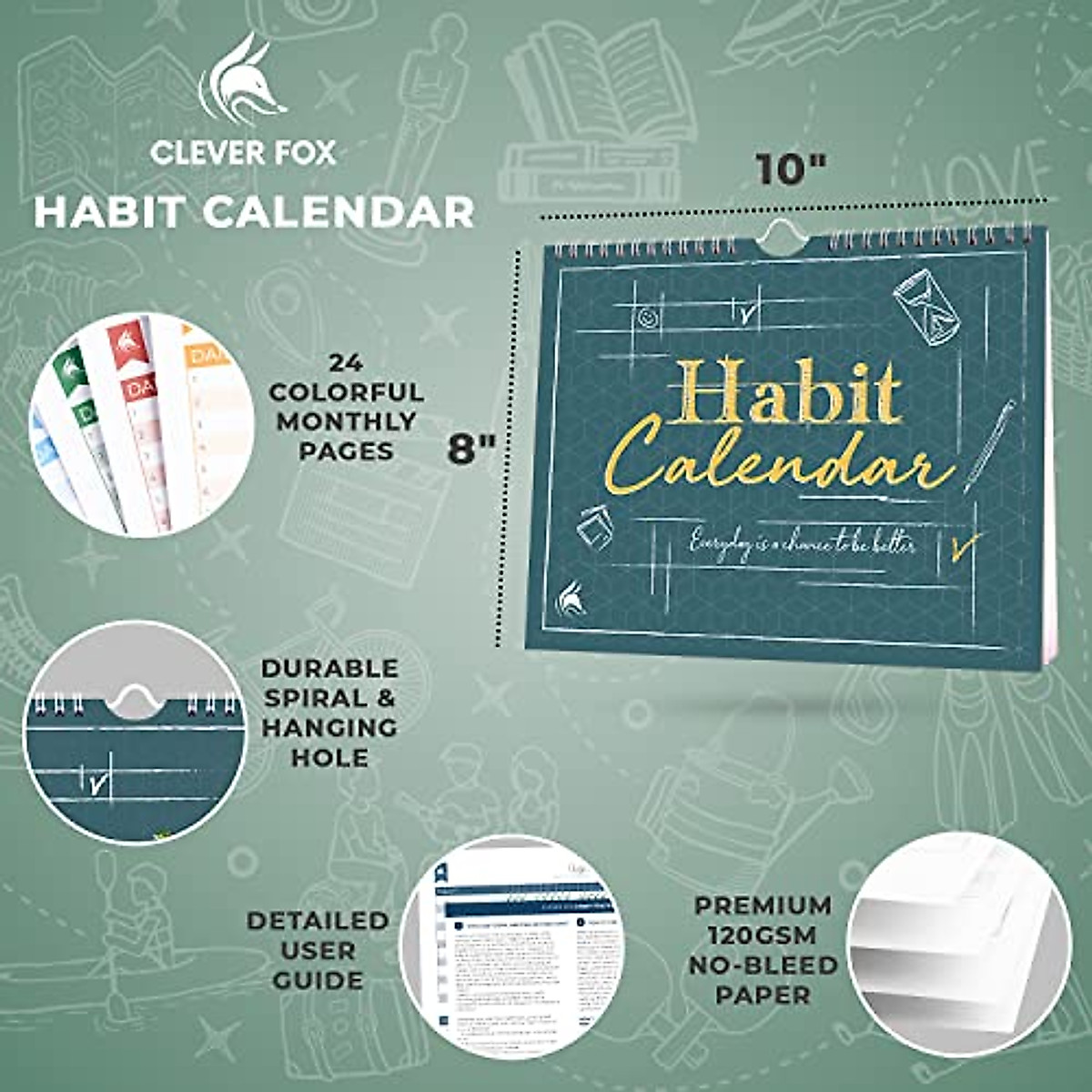 Clever Fox Habit Tracker Calendar – Inspirational Goal Tracker and Habit Calendar for Atomic Habits – Colorful Habit & Goal Planner Journal to Boost Productivity – 24 Months, 10″ x 8″ (Obsidian Green)