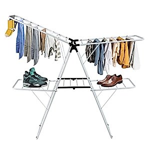 COSTWAY Clothes Drying Rack, Foldable 2-Level Laundry Drying Rack w/Height-Adjustable Wings, 33 Drying Rails & Sock Clips, Standing Large Drying Rack for Clothing, Indoor Outdoor Use