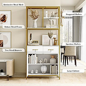 HITHOS 71" Tall Bookshelf, Modern White and Gold Bookcase, Book Shelves with Drawers and Storage Cabinet, Metal Etagere Bookcase Display Shelves for Home Office, Gold/White