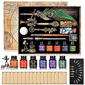 AIYNC Quill Pen and Ink Set, Feather Pen Ink Set, Wax Seal Stamp Kit, Calligraphy Set, Valentine's Day Gifts for Writing Lovers Birthday Gifts, Ideal Calligraphy Gifts for Holidays(Peacock Feather)
